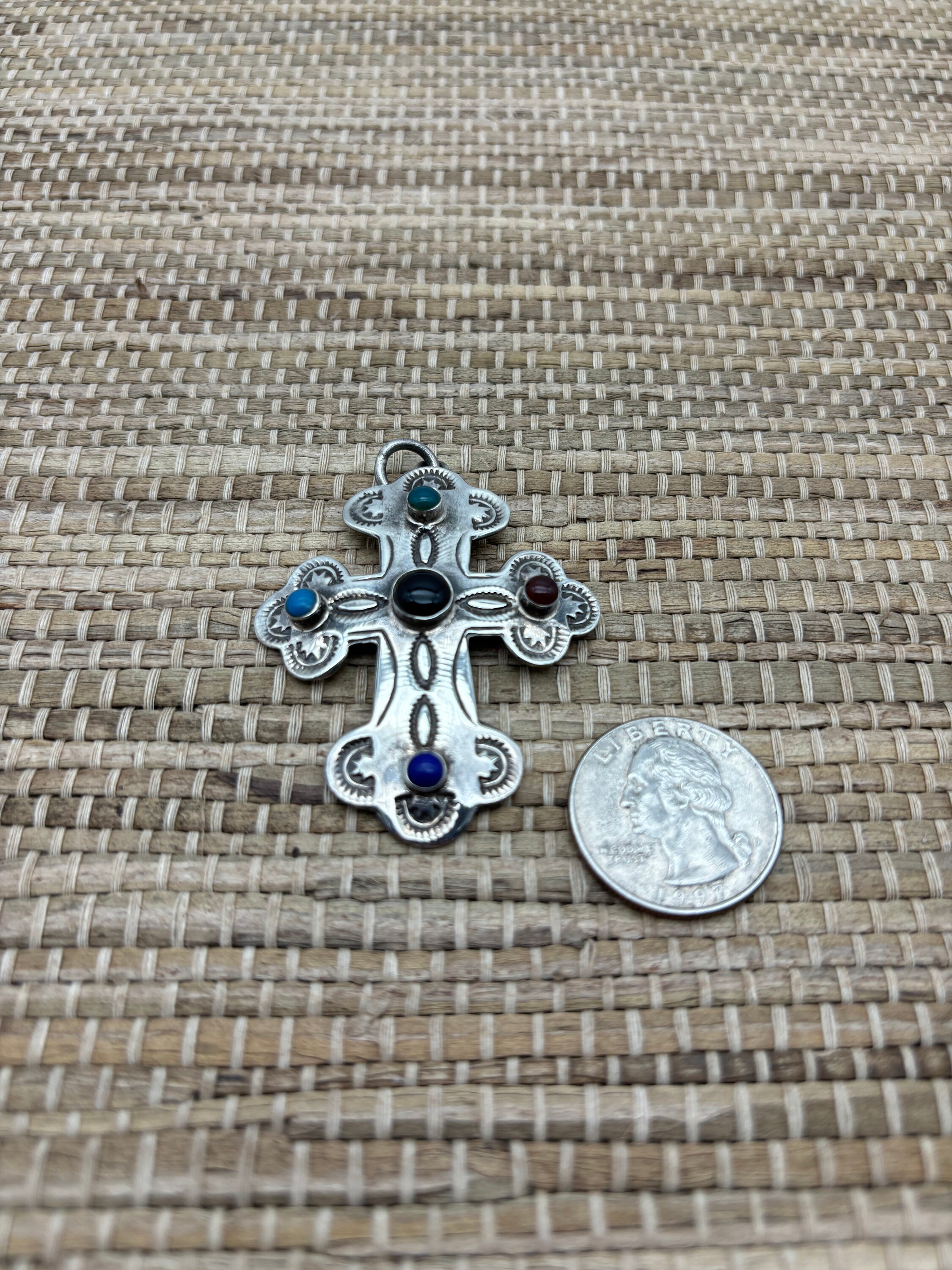 Large Sterling Southwestern Tooled Cross With Multi Stones - Etsy
