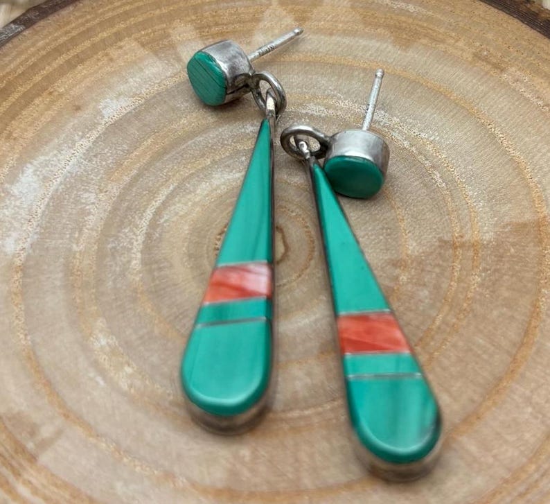 Vintage Zuni Turquoise and Spiny Oyster Inlay Dangle Earrings. Signed ...
