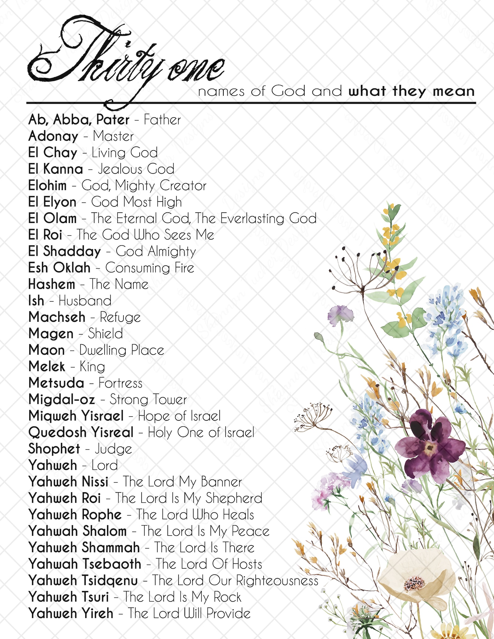 31 Names of God, Spring Flowers, Hebrew God Names Wall Art, Jewish ...