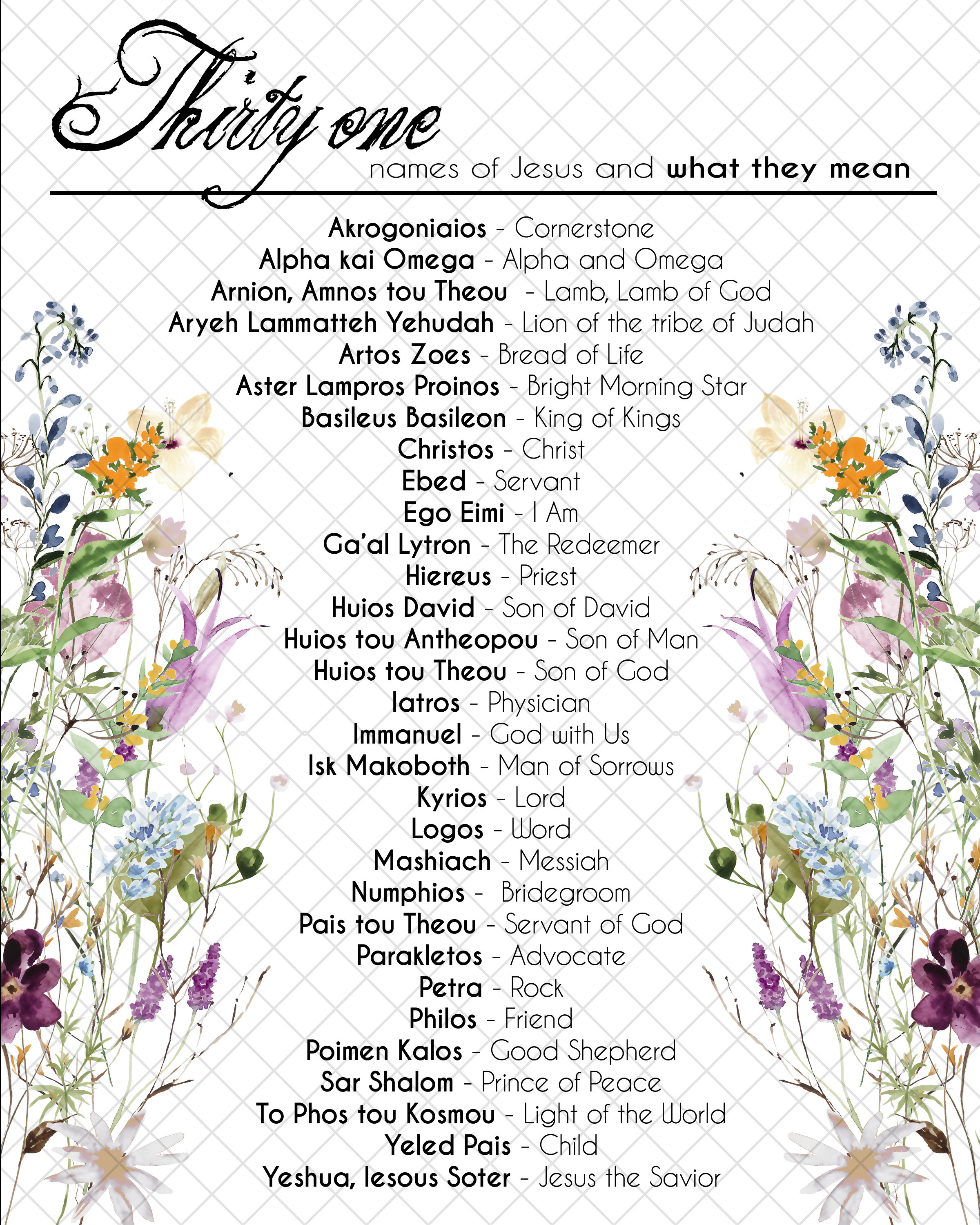 31 Names of Jesus, Spring Flowers, Hebrew God Names Wall Art, Jewish ...