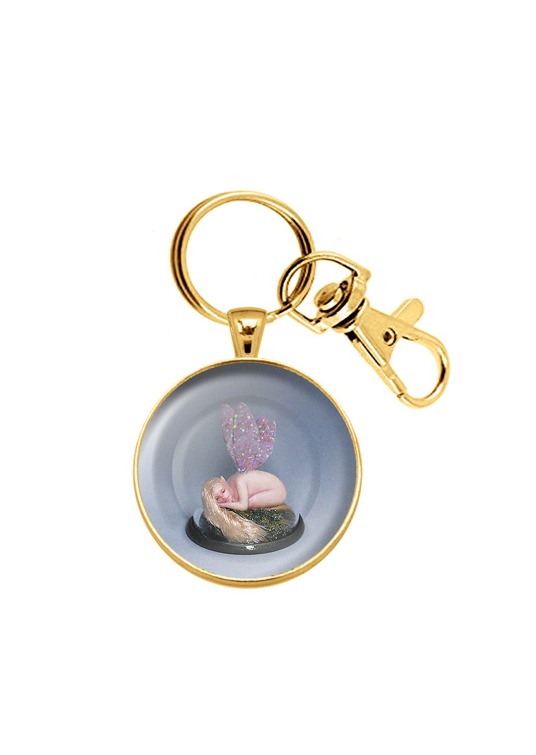 Pocket Fairy Keychain, 3D Dome Glass Cabochon, Art Print Round Gold ...
