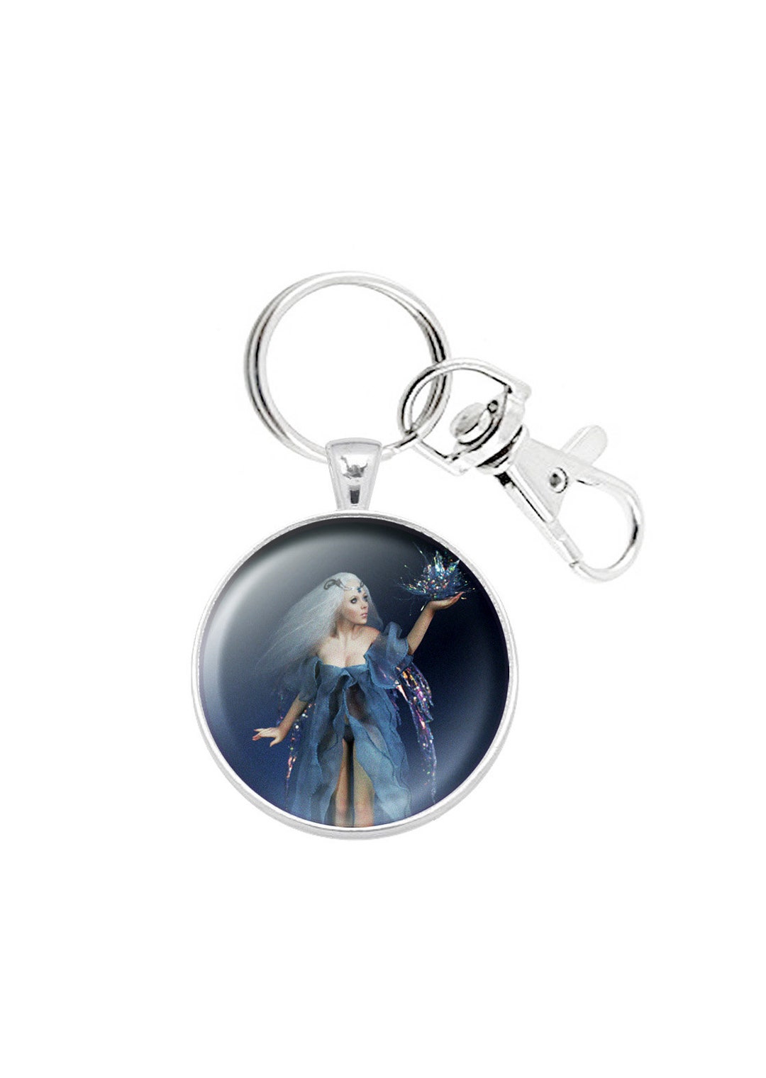 Pocket Fairy Keychain, 3D Dome Glass Cabochon, Art Print Round Silver ...
