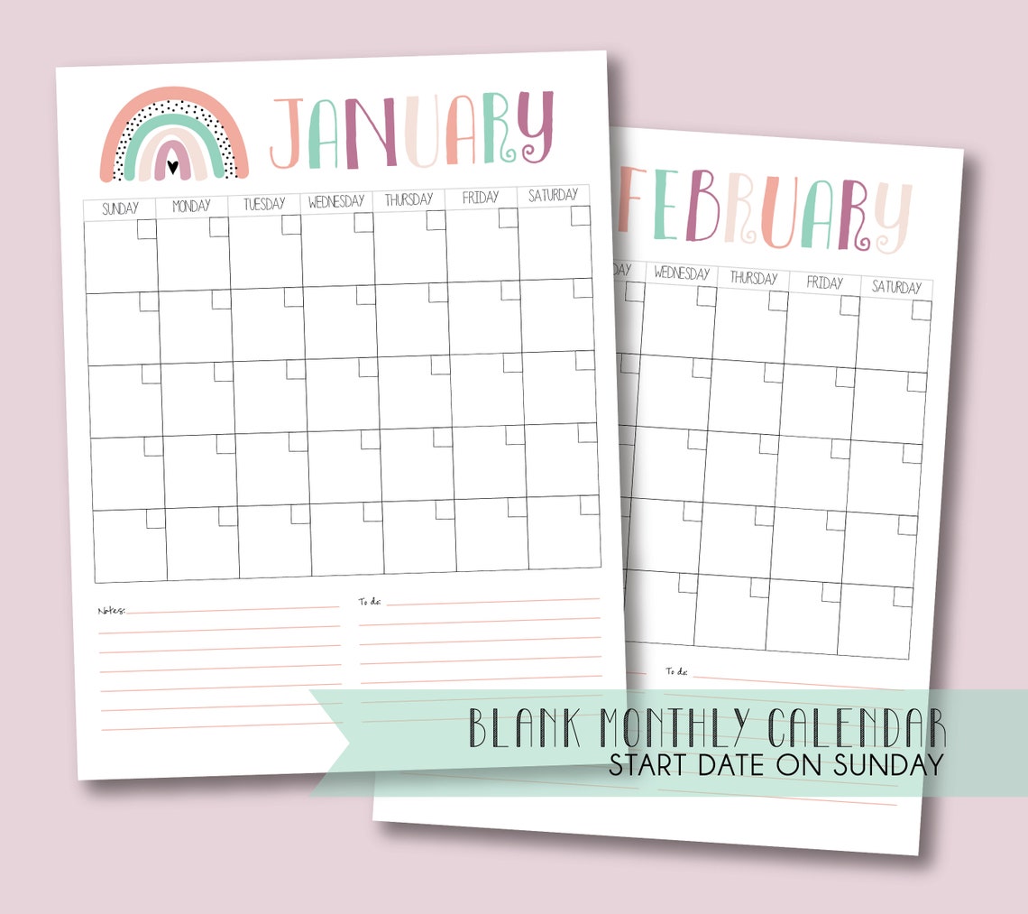 Blank Monthly Printable Calendar, Rainbow Printable Calendar, Boho ...