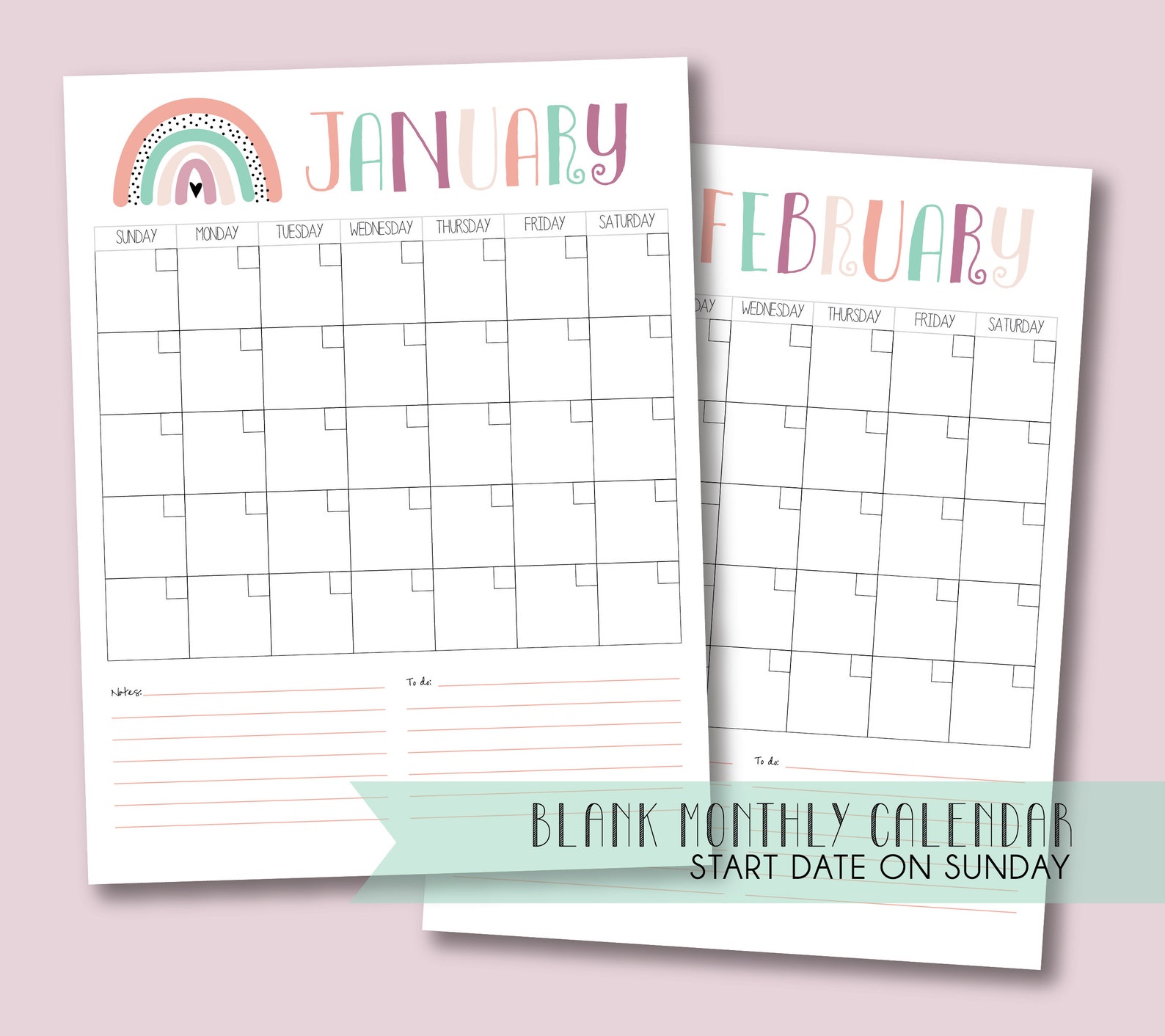 Blank Monthly Printable Calendar, Rainbow Printable Calendar, Boho ...