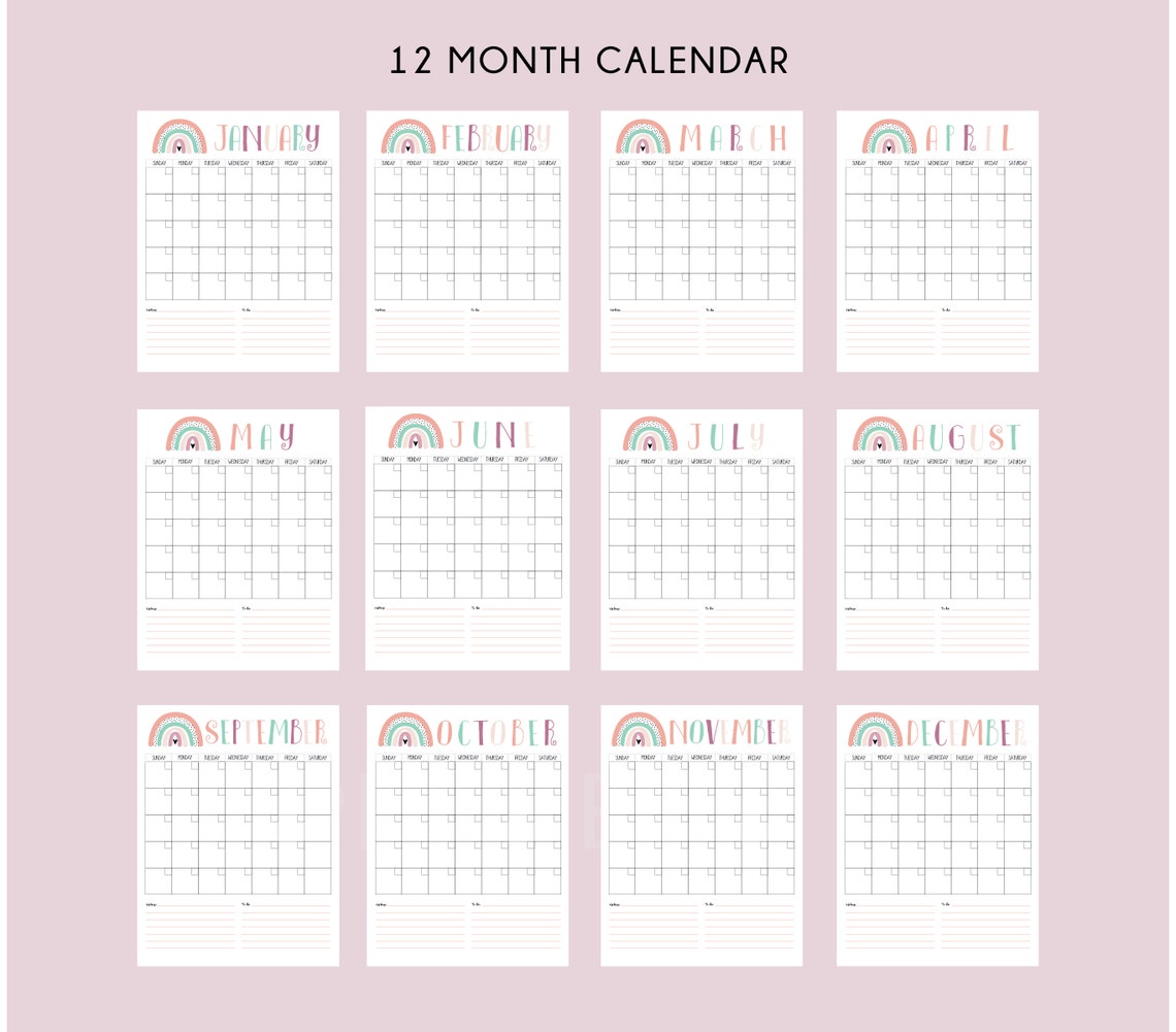Blank Monthly Printable Calendar, Rainbow Printable Calendar, Boho ...