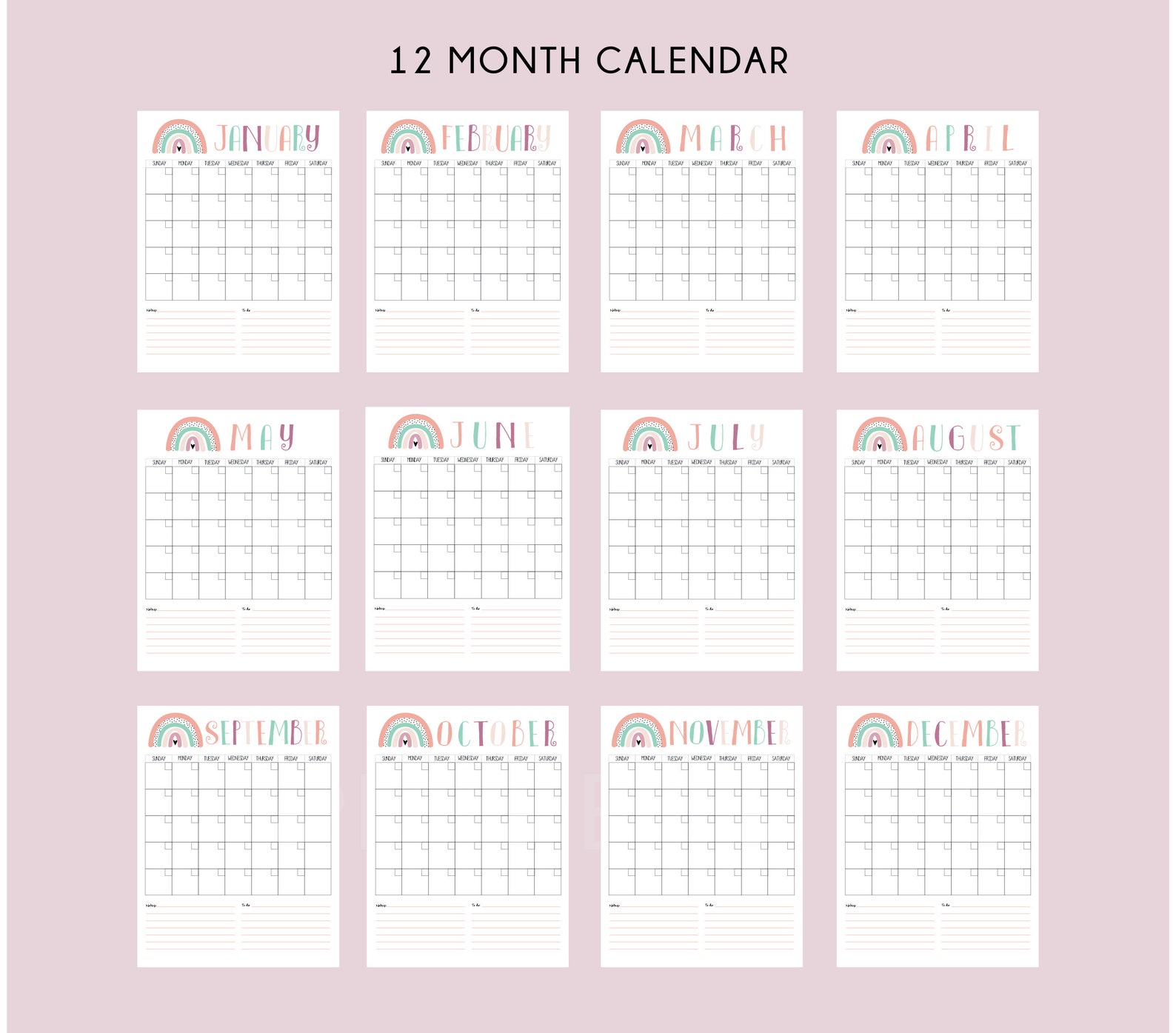 Blank Monthly Printable Calendar, Rainbow Printable Calendar, Boho ...