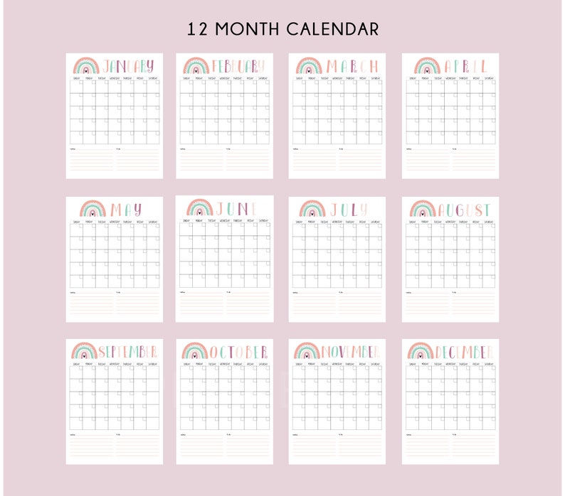 Blank Monthly Printable Calendar, Rainbow Printable Calendar, Boho ...