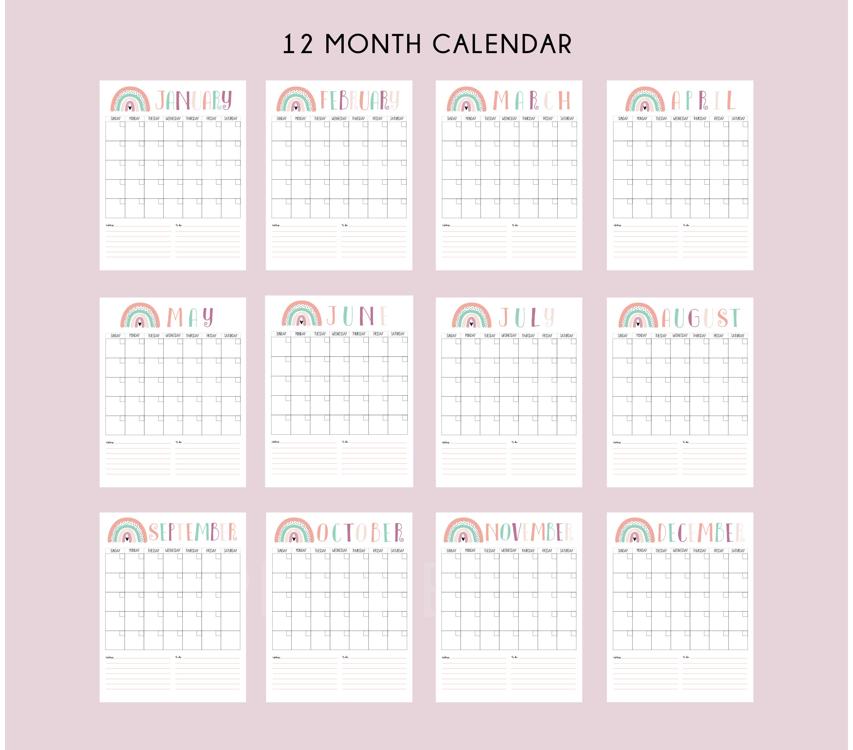 Blank Monthly Printable Calendar, Rainbow Printable Calendar, Boho ...