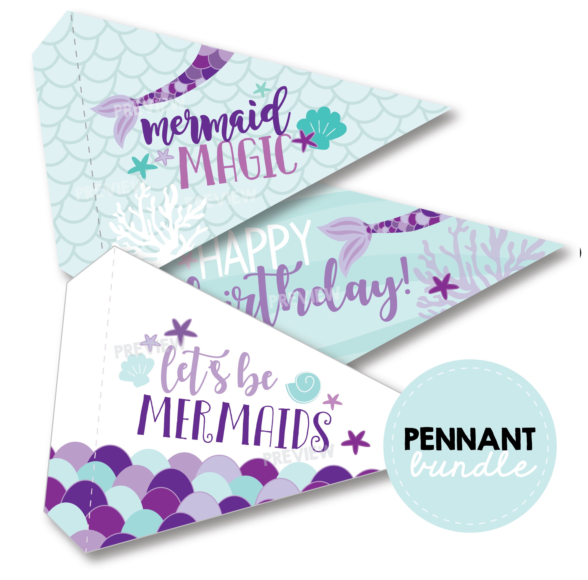 Mermaid Pennant Bundles, Printable Mermaid Pennant, Mermaid Birthday ...