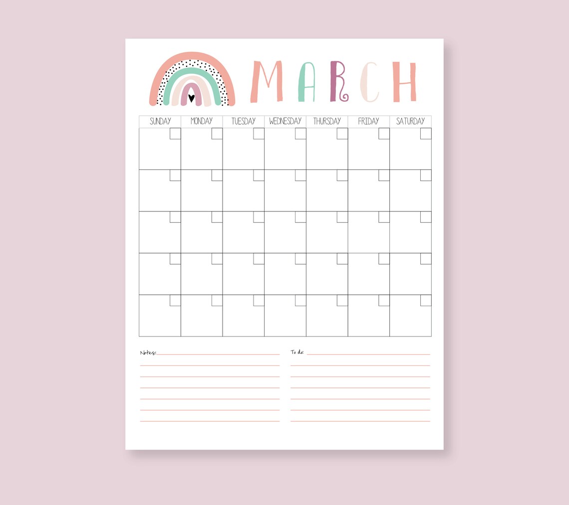 Blank Monthly Printable Calendar, Rainbow Printable Calendar, Boho ...