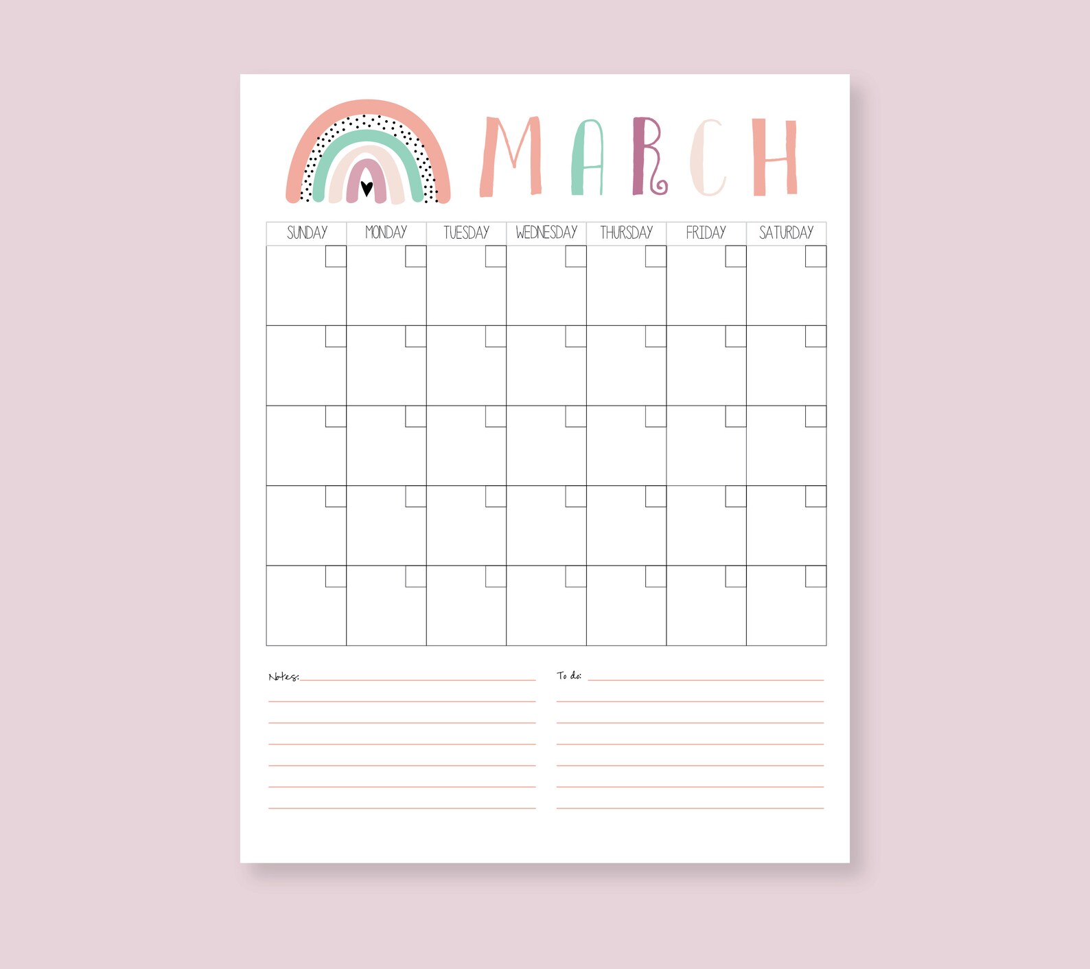 Blank Monthly Printable Calendar, Rainbow Printable Calendar, Boho ...