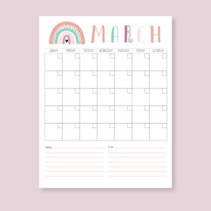 Blank Monthly Printable Calendar, Rainbow Printable Calendar, Boho ...