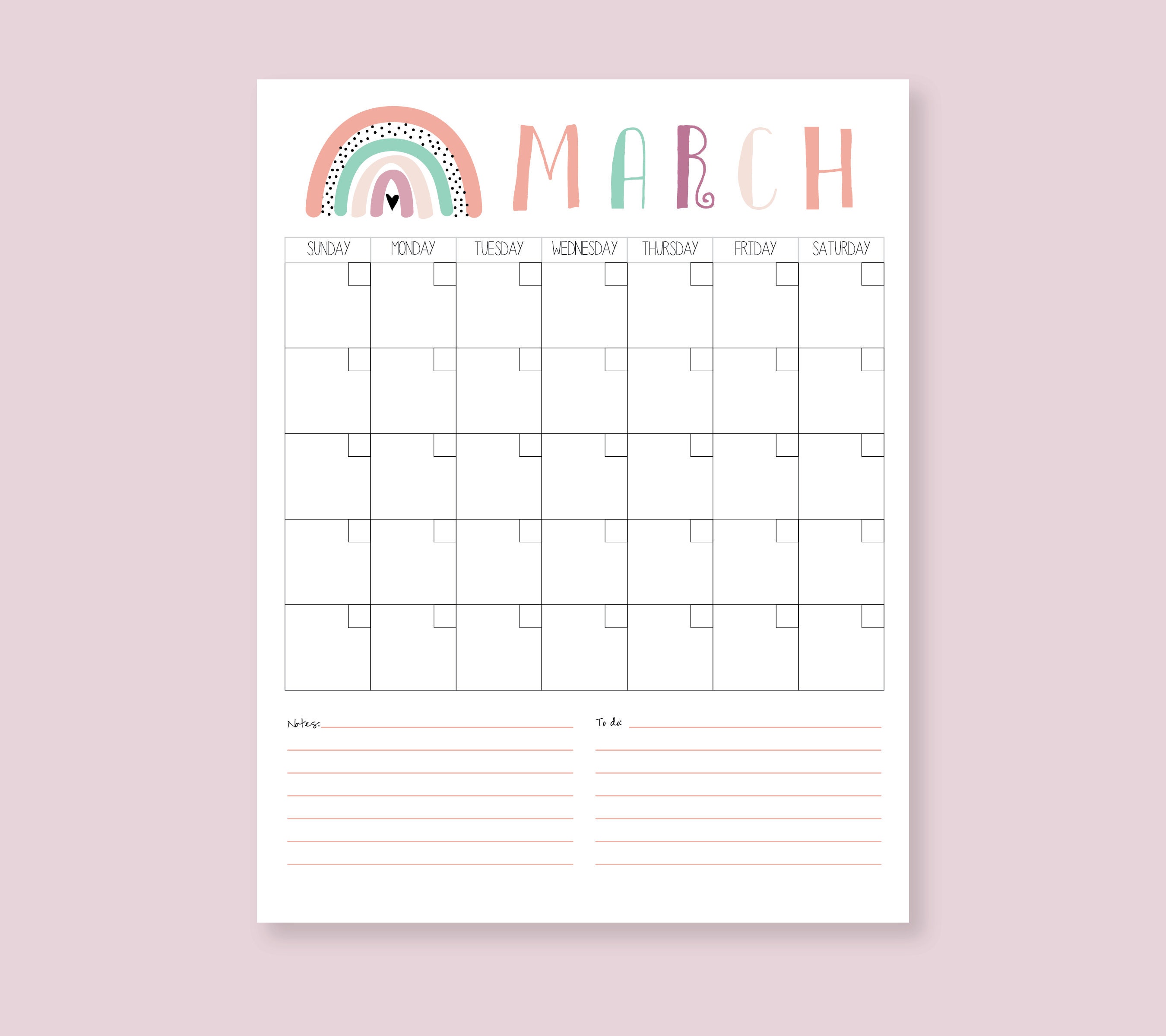 Blank Monthly Printable Calendar, Rainbow Printable Calendar, Boho ...