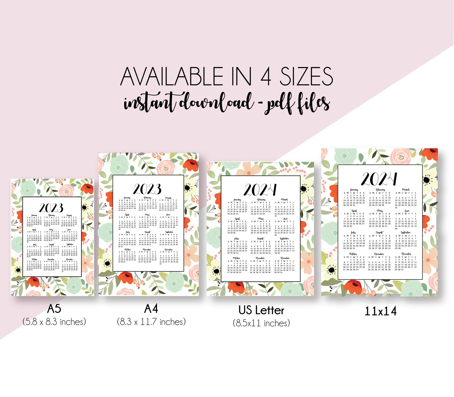 Floral 2023-2024 Yearly Calendar, Printable Calendar, Instant Download ...