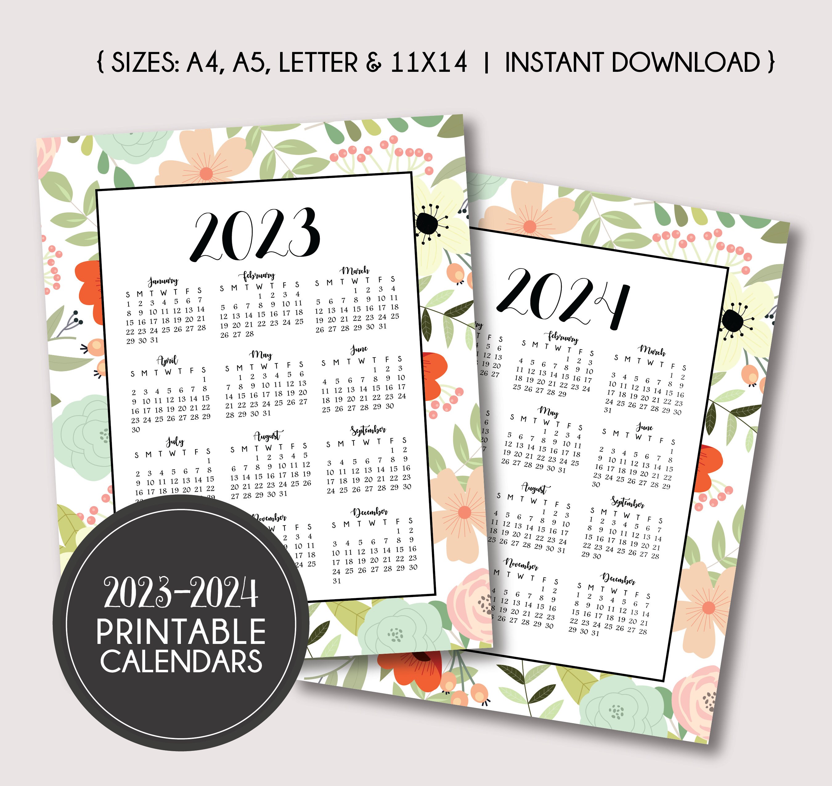 Floral 2023-2024 Yearly Calendar, Printable Calendar, Instant Download ...