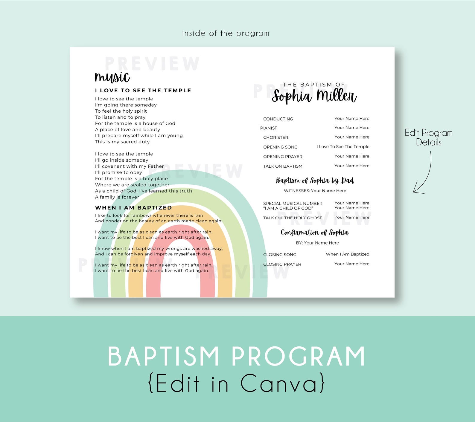 Baptism Program Invitation and Program, Rainbow Baptism Invitation and ...