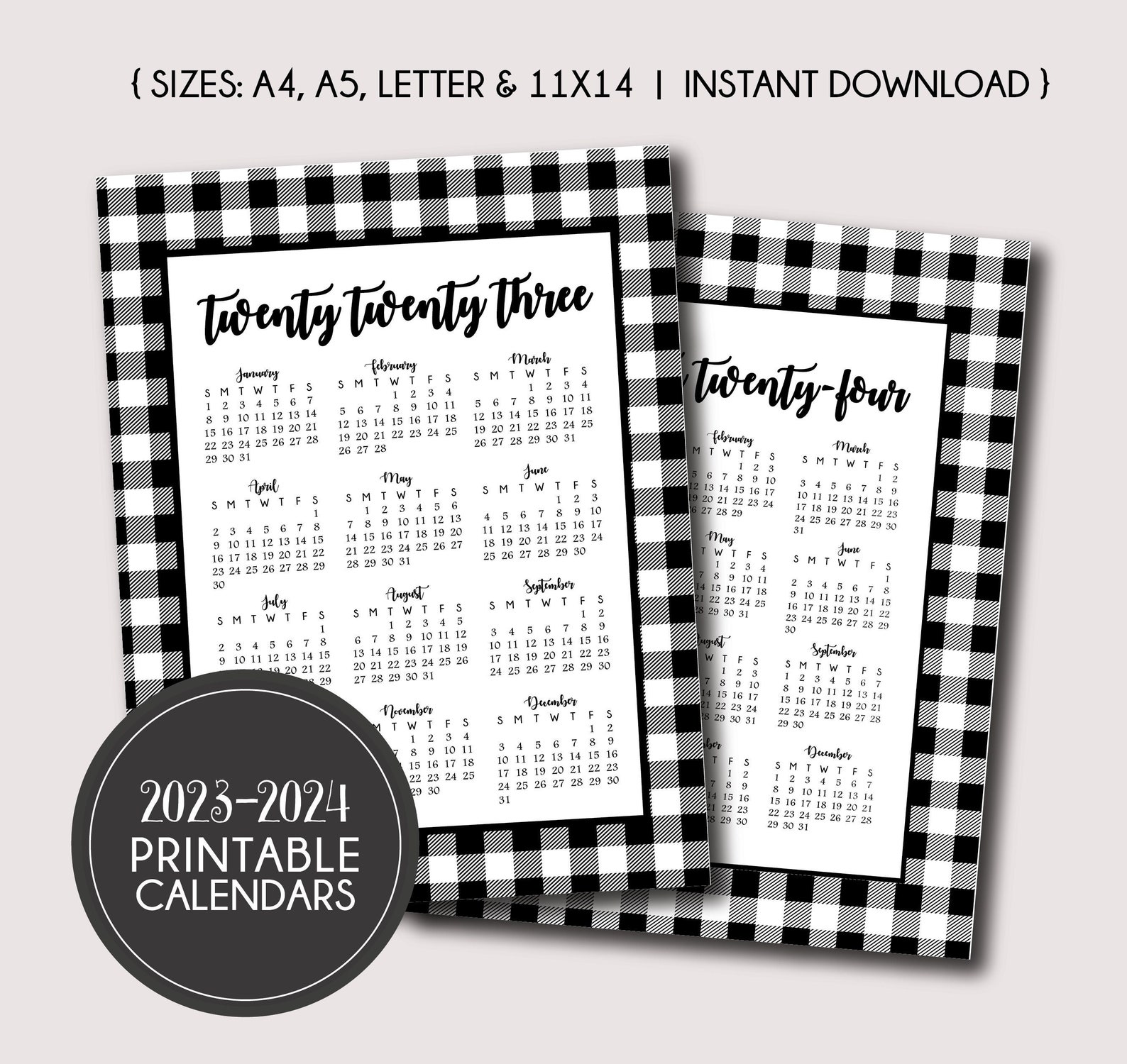 2023-2024 Yearly Calendar, Gingham Calendar, Black and White Calendar ...