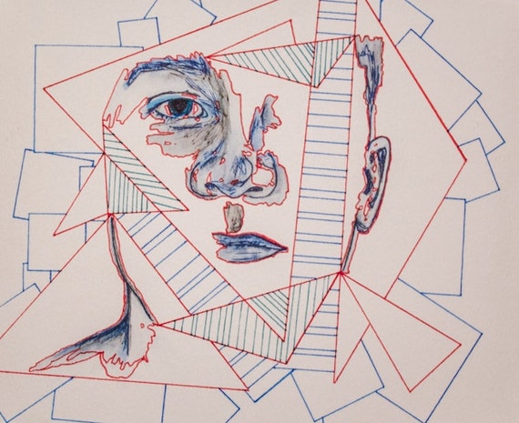 Items similar to An Abstract drawing of a fragmented face with lines on ...