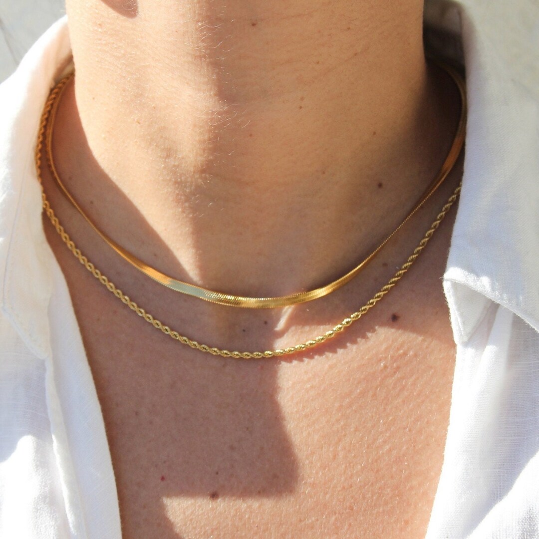 18K Gold Plated Dainty Double-layered Chain, Stacking Multi Layer ...