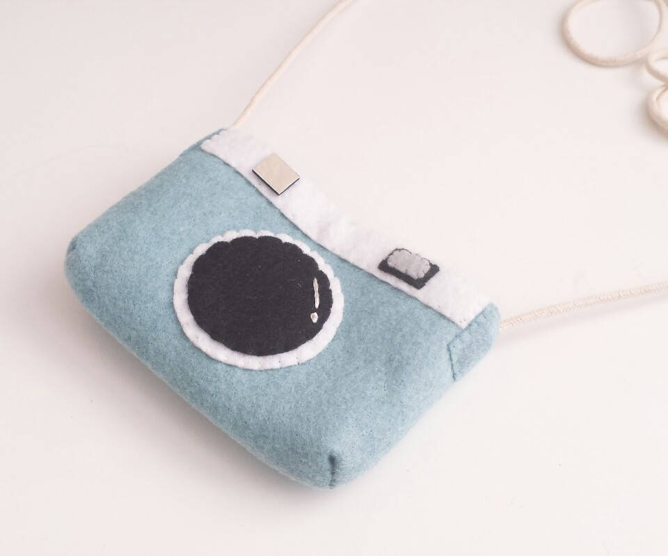 Sky Blue Mini Camera Felt Bag for Kids and Toddler , Purse, Shoulder ...