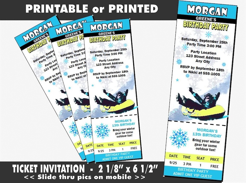 Snow Tubing Ticket Invitation, Printable With Printed Option, Child ...