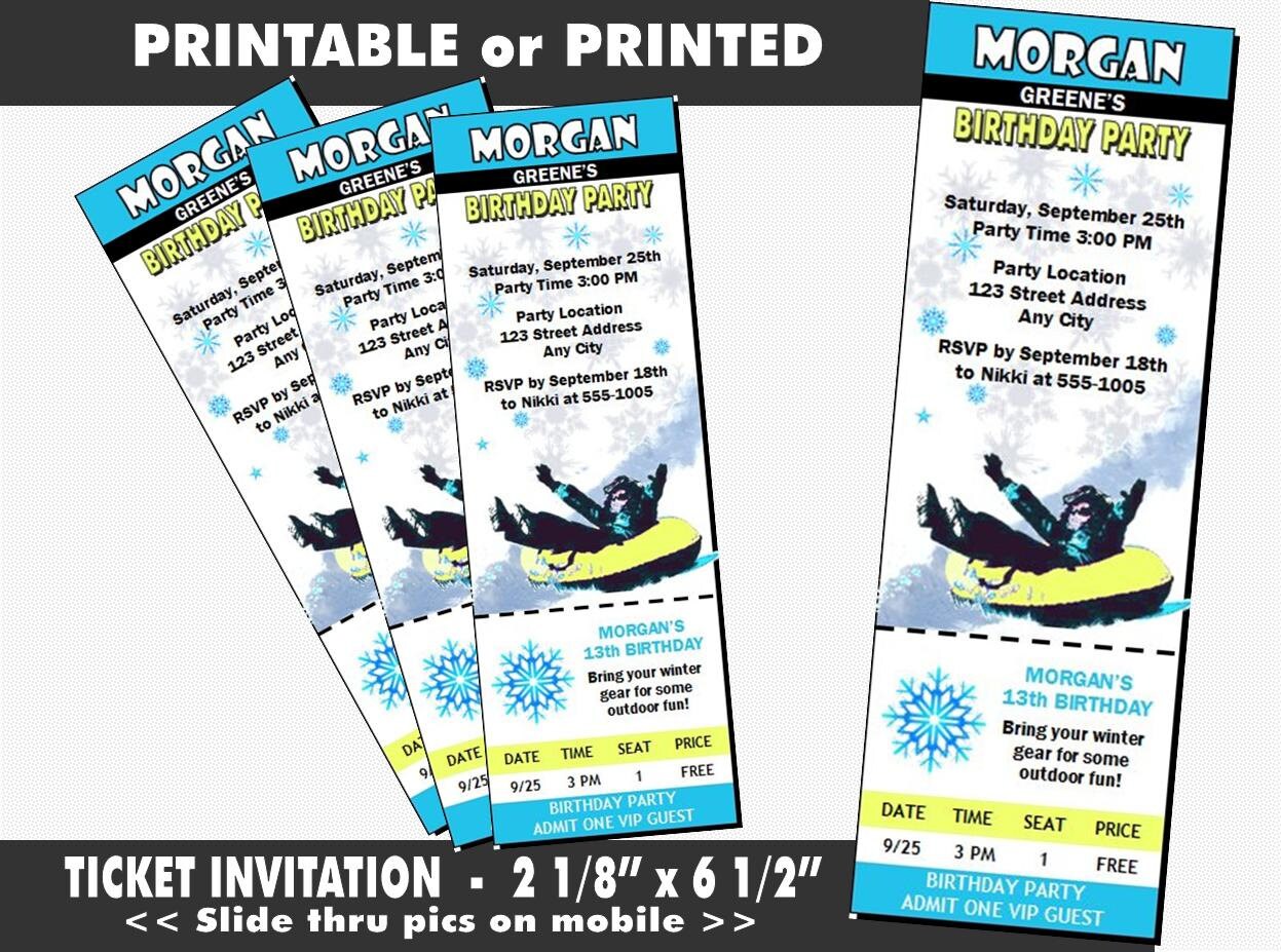 Snow Tubing Ticket Invitation, Printable With Printed Option, Child ...