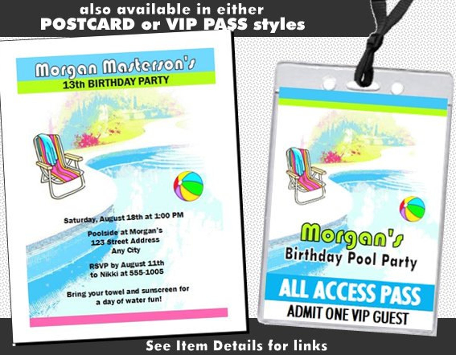 Pool Party Ticket Invitation, Printable With Printed Option, Summer Fun ...