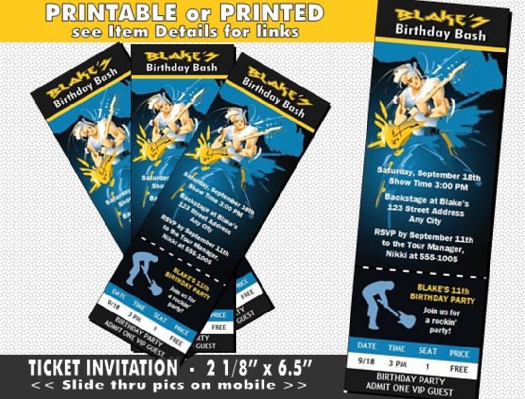 Guitar Jam Ticket Invitation, Printable With Printed Option, Guitarist ...