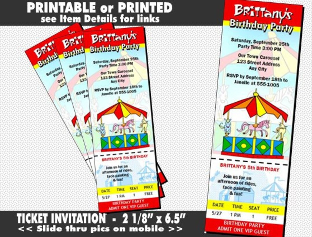 Carousel Ticket Invitation, Printable With Printed Option, Kids ...