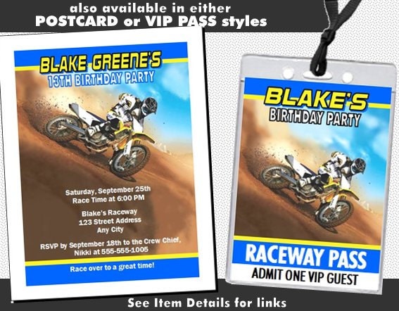 Dirtbike Race Blue Ticket Invitation, Printable With Printed Option ...