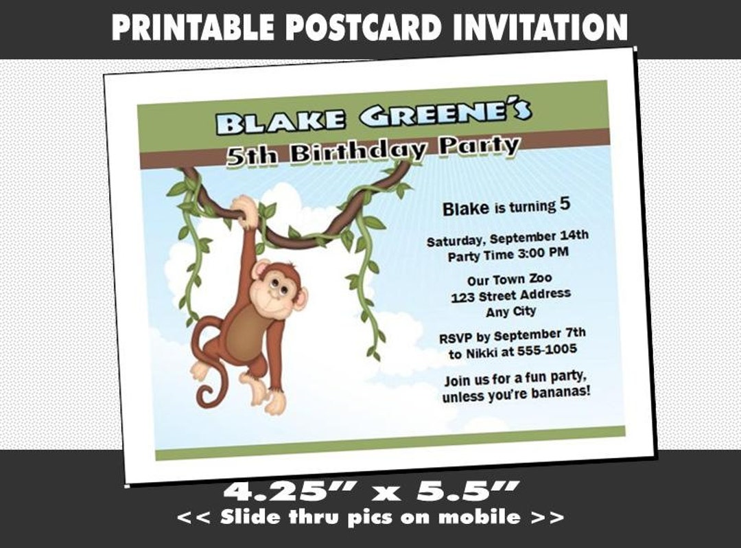 Jungle Monkey Party Invitation, Printable, Girl or Boy Child Birthday ...