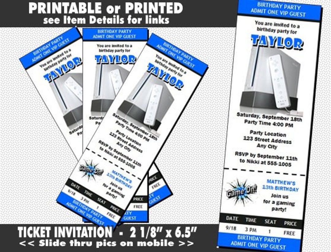 Video Game Ticket Invitation, Printable With Printed Option, Birthday ...