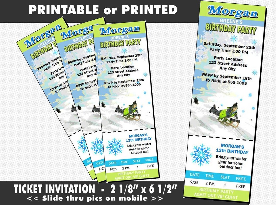 Snow Sledding Ticket Invitation, Printable With Printed Option, Child ...