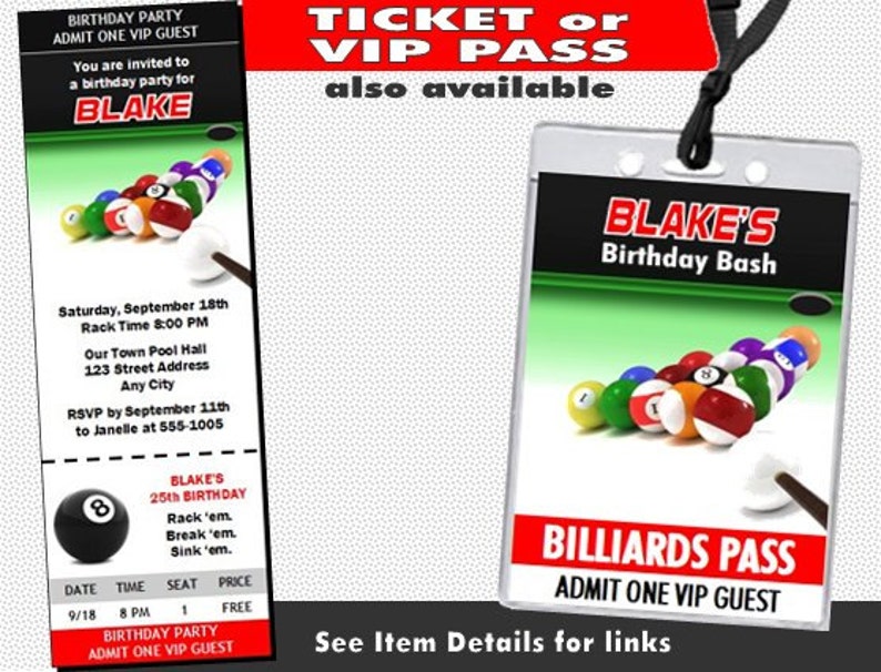 Billiards Birthday Party Invitation, Printable, 8 Ball or 9 Ball ...