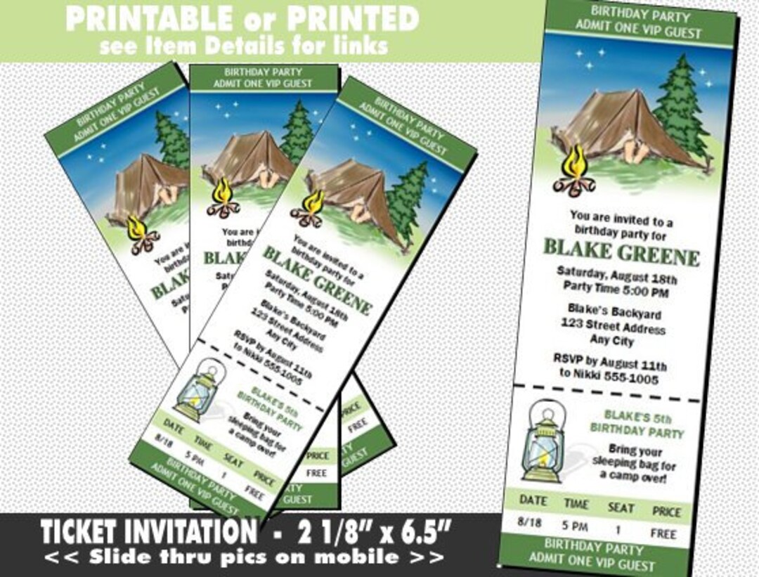 Camping Ticket Invitations, Printable With Printed Option, Birthday ...