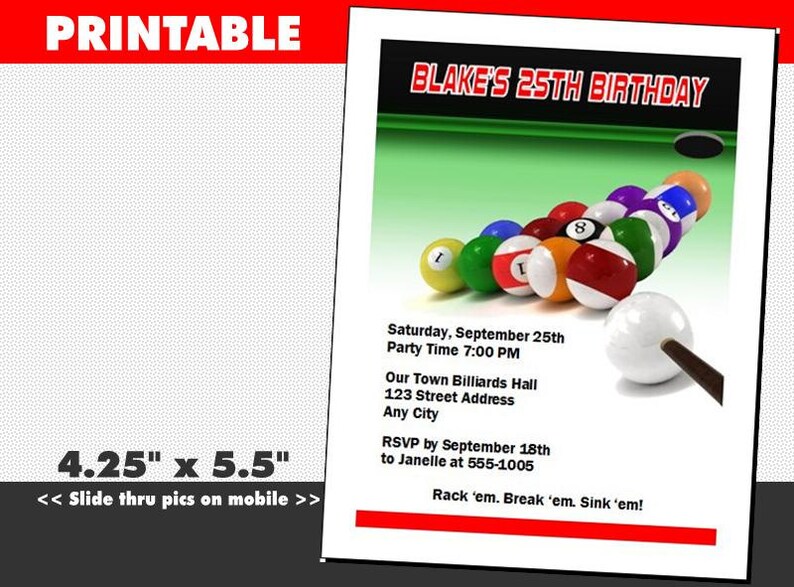 Billiards Birthday Party Invitation, Printable, 8 Ball or 9 Ball ...