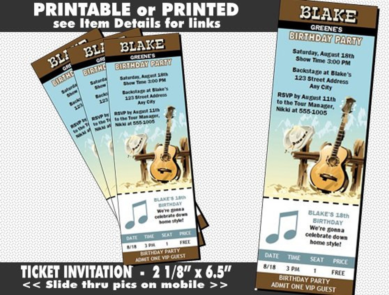 Country Music Star Ticket Invitation, Printable With Printed Option ...