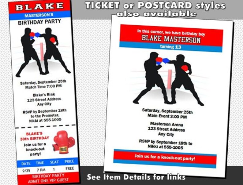 Boxing VIP Pass Birthday Party Invitations, Printable, Sports Theme ...