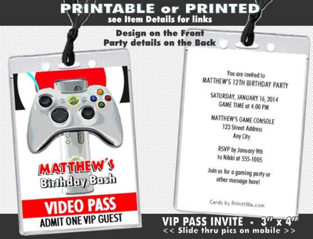 Xbox Video VIP Pass Birthday Party Invitation, Printable, Video Game ...