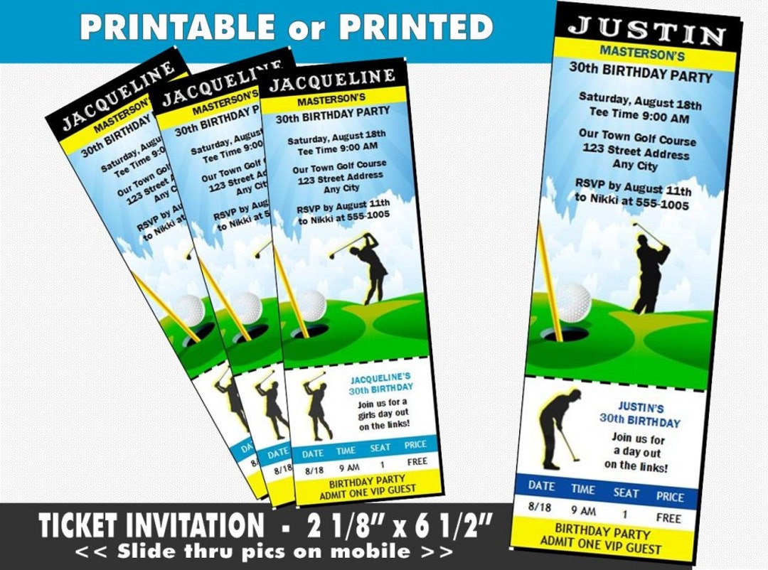 Golf Ticket Invitation, Printable With Printed Option, Birthday Party ...
