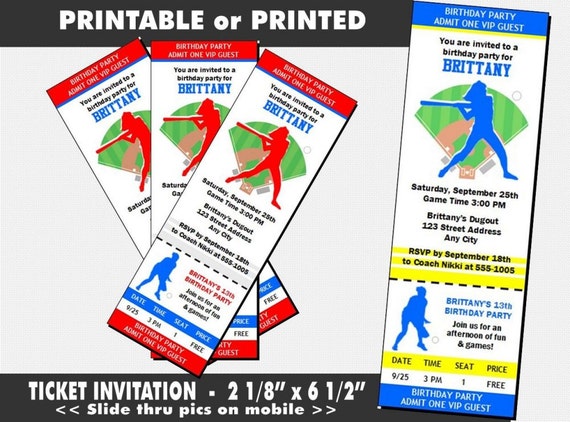 Softball Ticket Invitation Printable With Printed Option | Etsy Canada