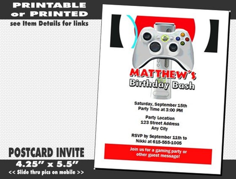 Xbox Video Game Birthday Party Invitation, Printable With Printed ...