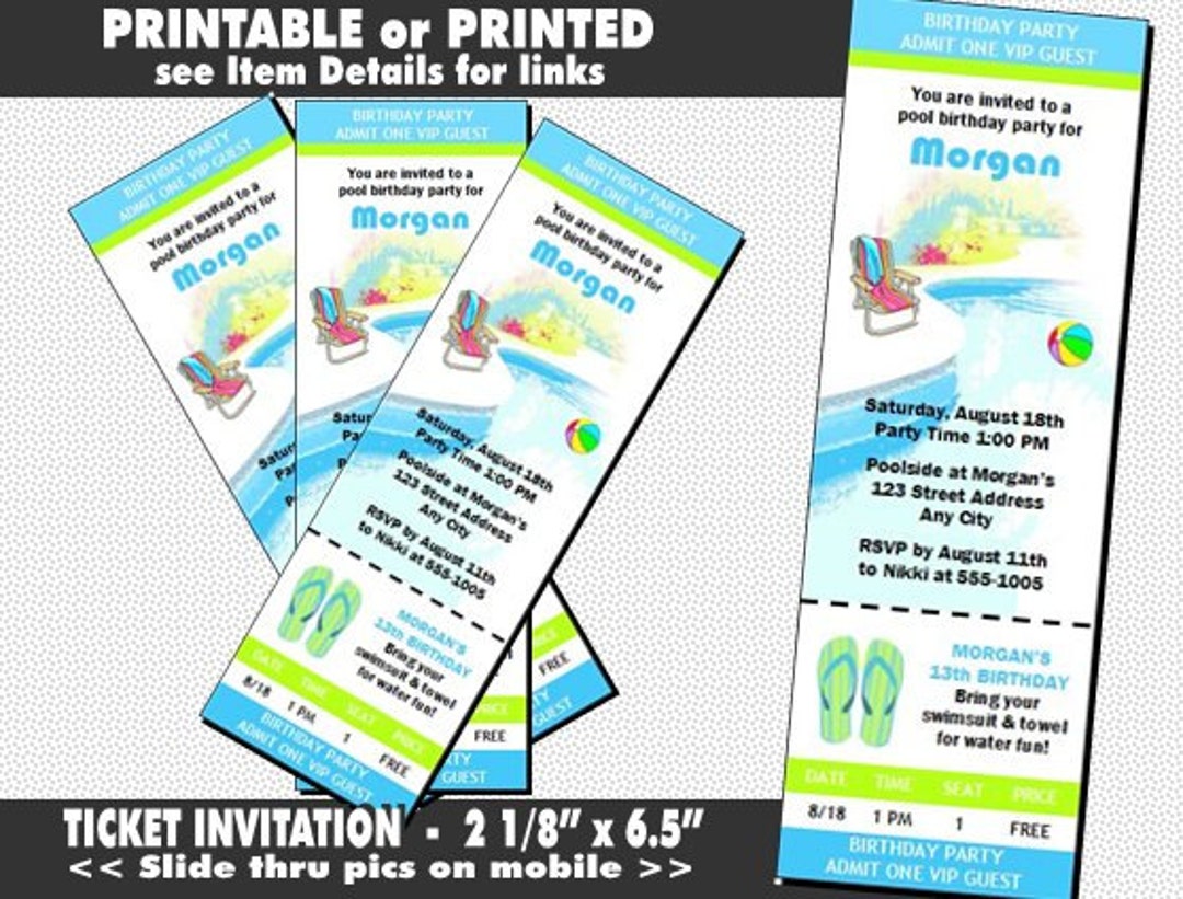 Pool Party Ticket Invitation, Printable With Printed Option, Summer Fun ...