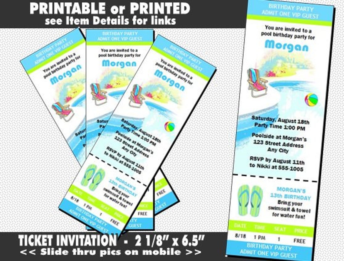 Pool Party Ticket Invitation, Printable With Printed Option, Summer Fun ...