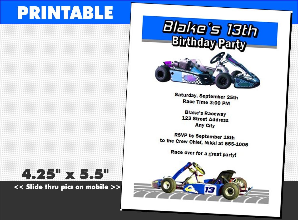 Go Cart Party Birthday Invitation, Printable, Go Kart Theme, Racing ...