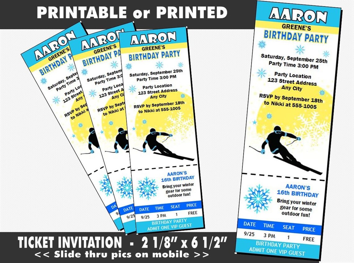 Snow Ski Ticket Invitation Printable With Printed Option - Etsy Singapore
