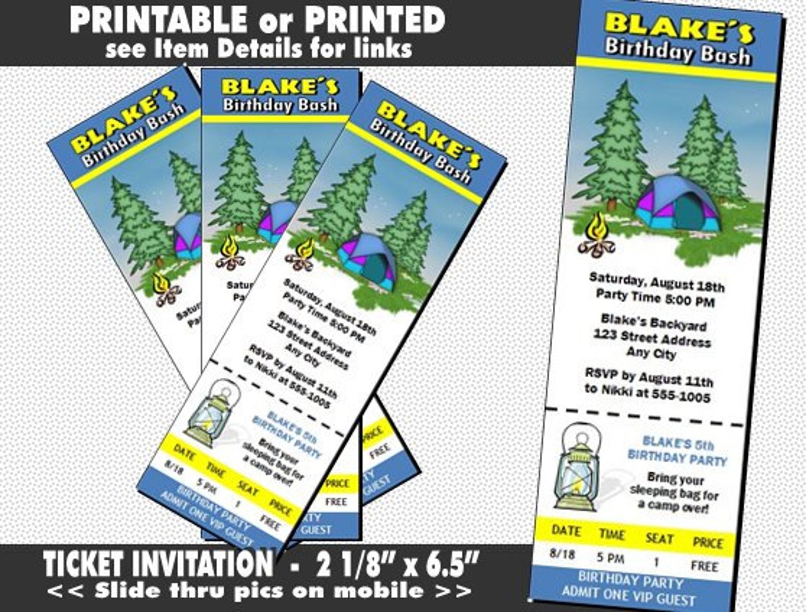 Camping Out Ticket Invitation, Printable With Printed Option, Birthday ...