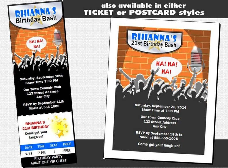 Comedy Club VIP Pass Invitation, Printable, Birthday Party, Comedian ...