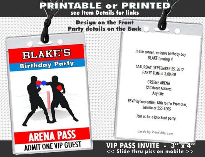 Boxing VIP Pass Birthday Party Invitations, Printable, Sports Theme ...