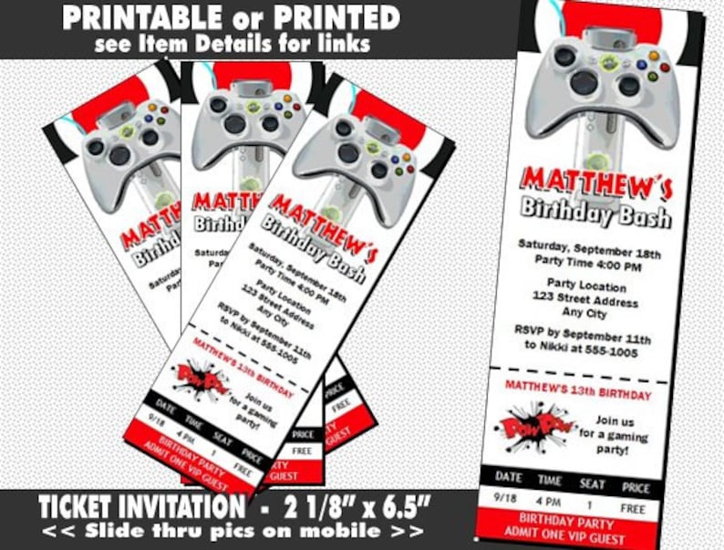 Xbox Video Game Ticket Invitation, Printable With Printed Option ...